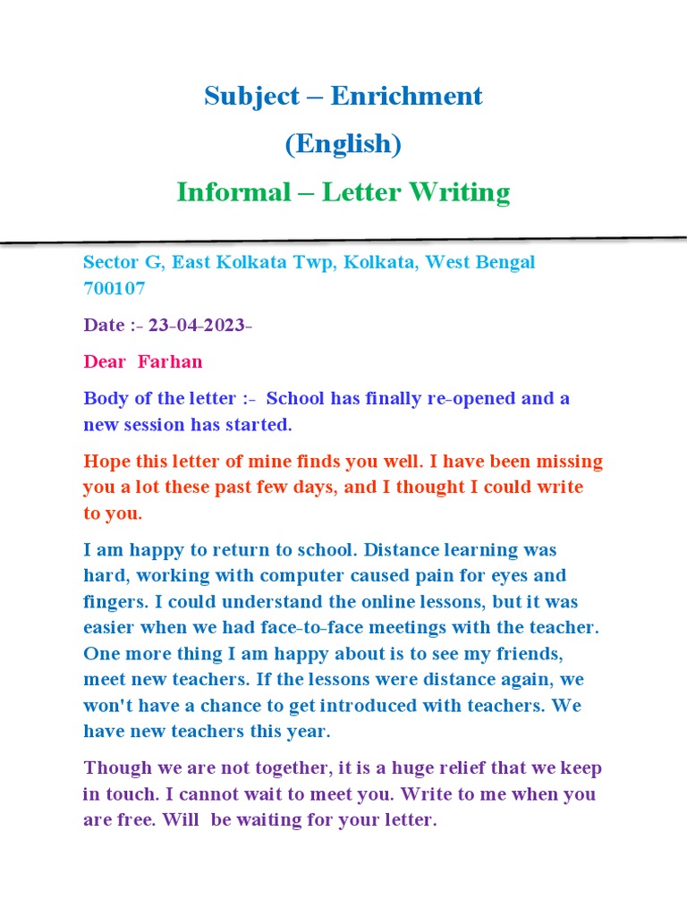 Informal - Letter Writing: Subject - Enrichment (English) | PDF