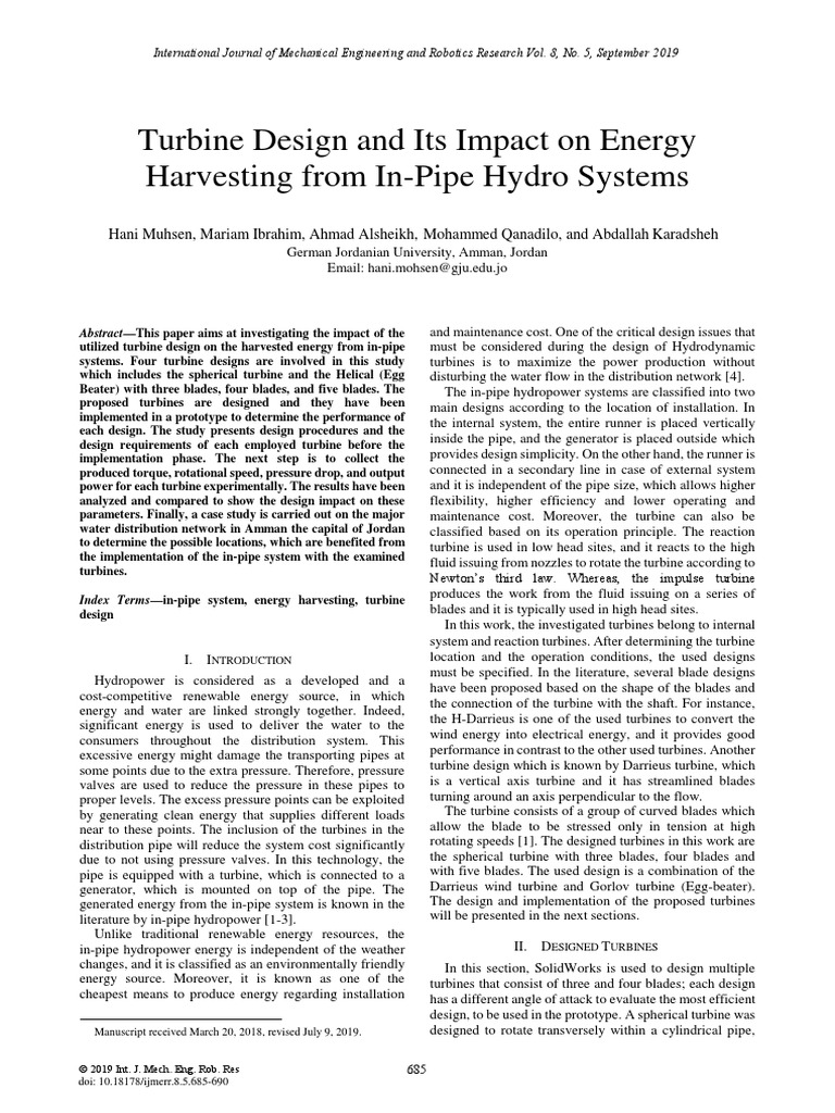 Turbine Design and Its Impact On Energy Harvesting From In-Pipe Hydro ...
