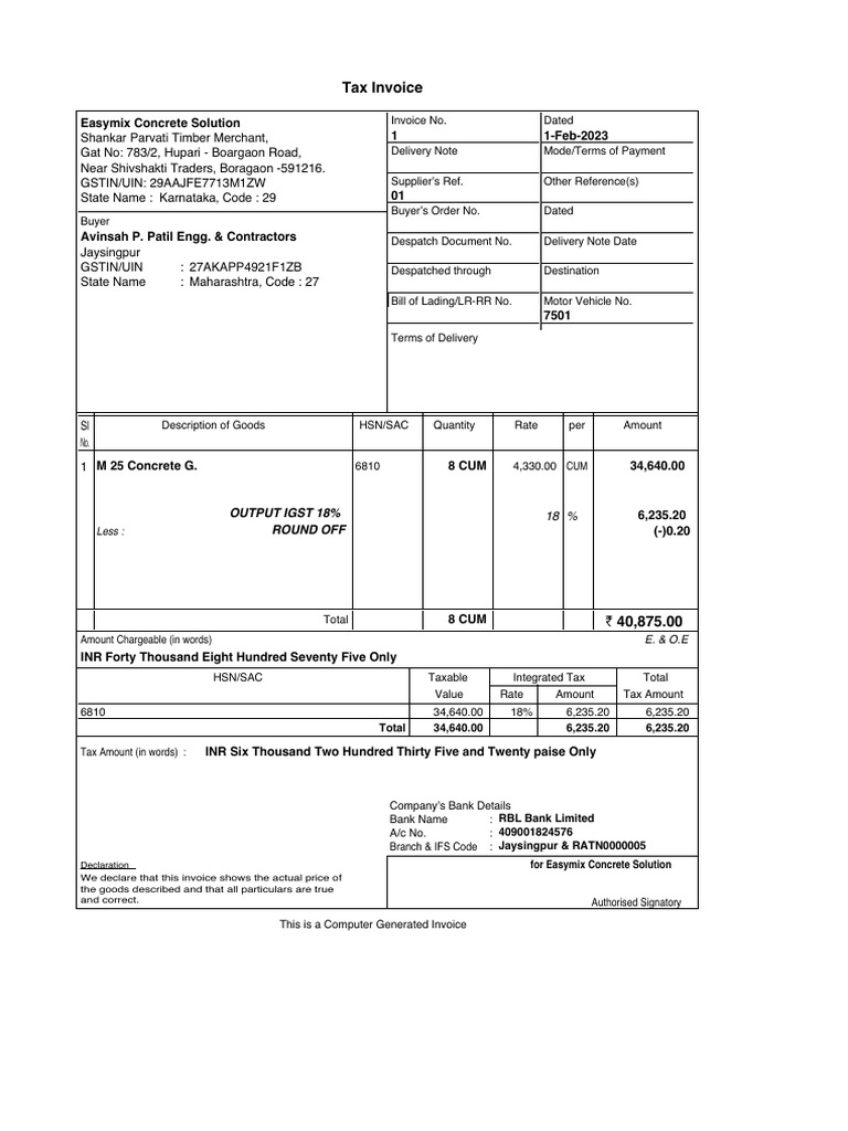 Tax Invoice: Easymix Concrete Solution 1 1-Feb-2023 | PDF | Invoice ...