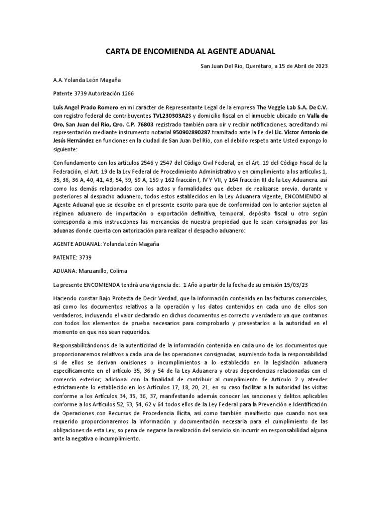 Carta de Encomienda Al Agente Aduanal | PDF | aduana | Justicia