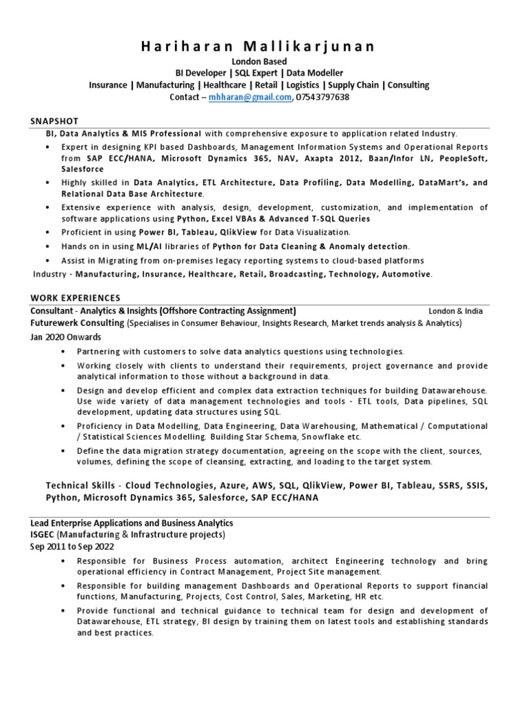 Hariharan Cv Bi Developer Sql Expert Pdf Data Warehouse Analytics