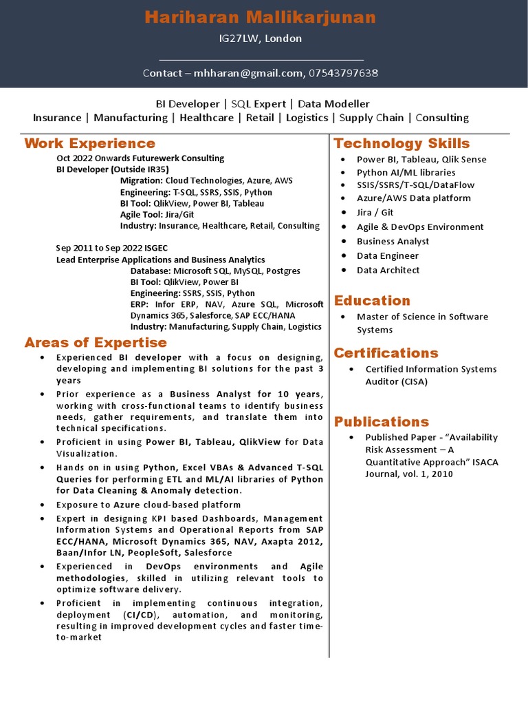 Hariharan BI Developer SQL Expert Data Modeller | PDF | Information Management | Computer Science