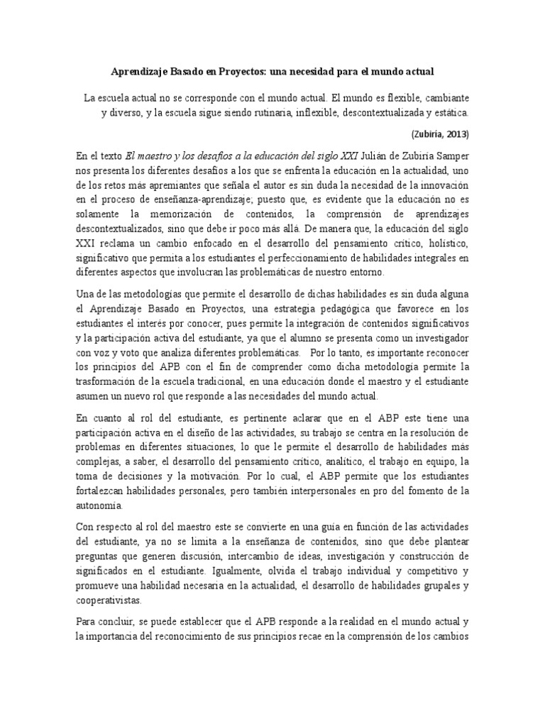 Aprendizaje Basado en Proyectos | PDF | Aprendizaje en base a proyectos | Modificación de ...