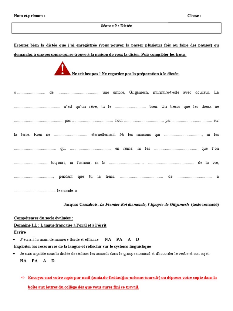 Dictée 3ème : Exercice de complétion | PDF | Linguistique