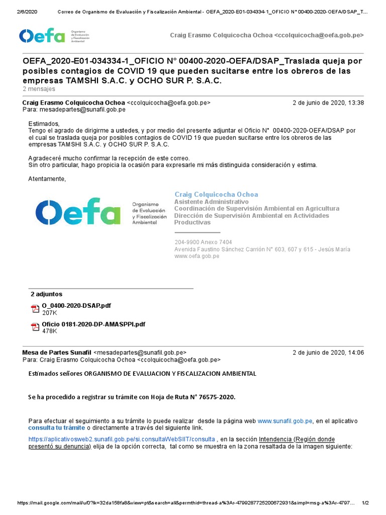 Cargo Oficio 0400-2020-Oefa Dsap | PDF | Seguridad y salud ocupacional