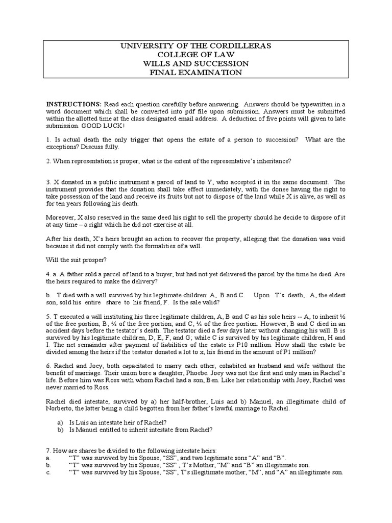 University of The Cordilleras College of Law Wills and Succession Final ...