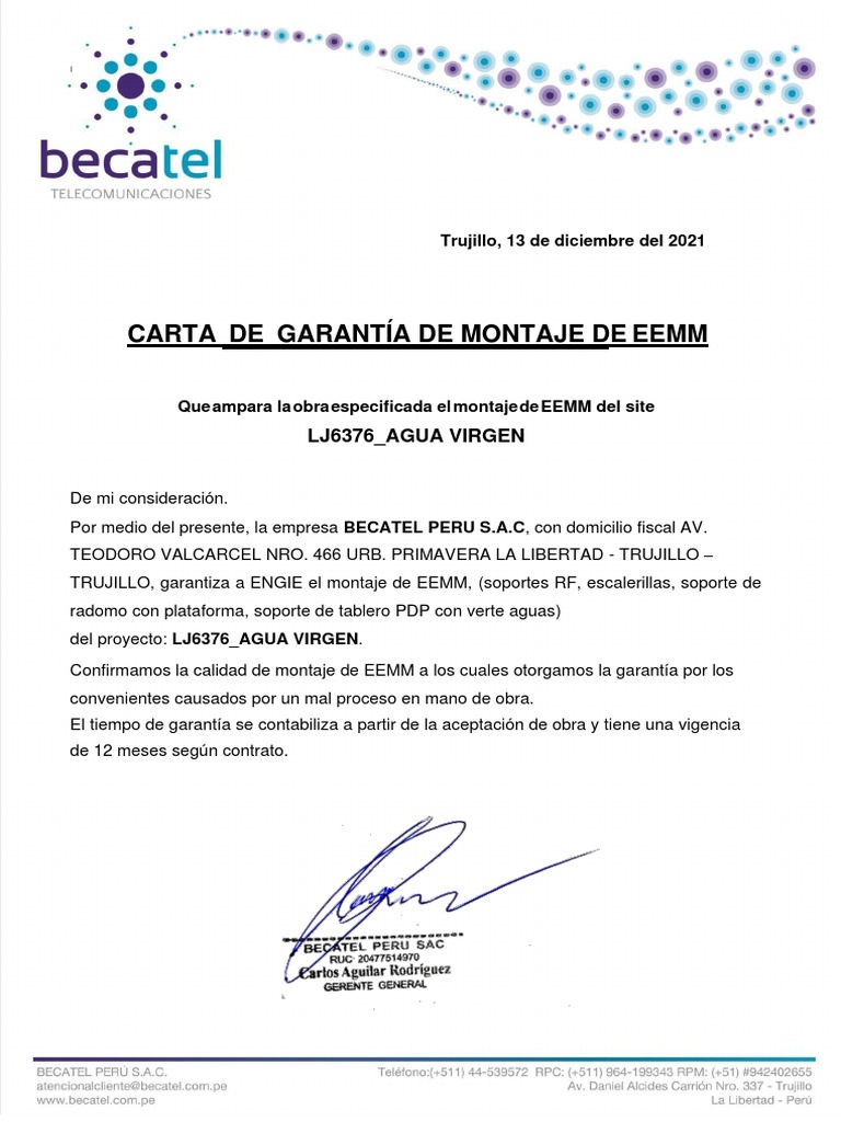Carta de Garantía de Montaje de Eemm: Trujillo, 13 de Diciembre Del ...