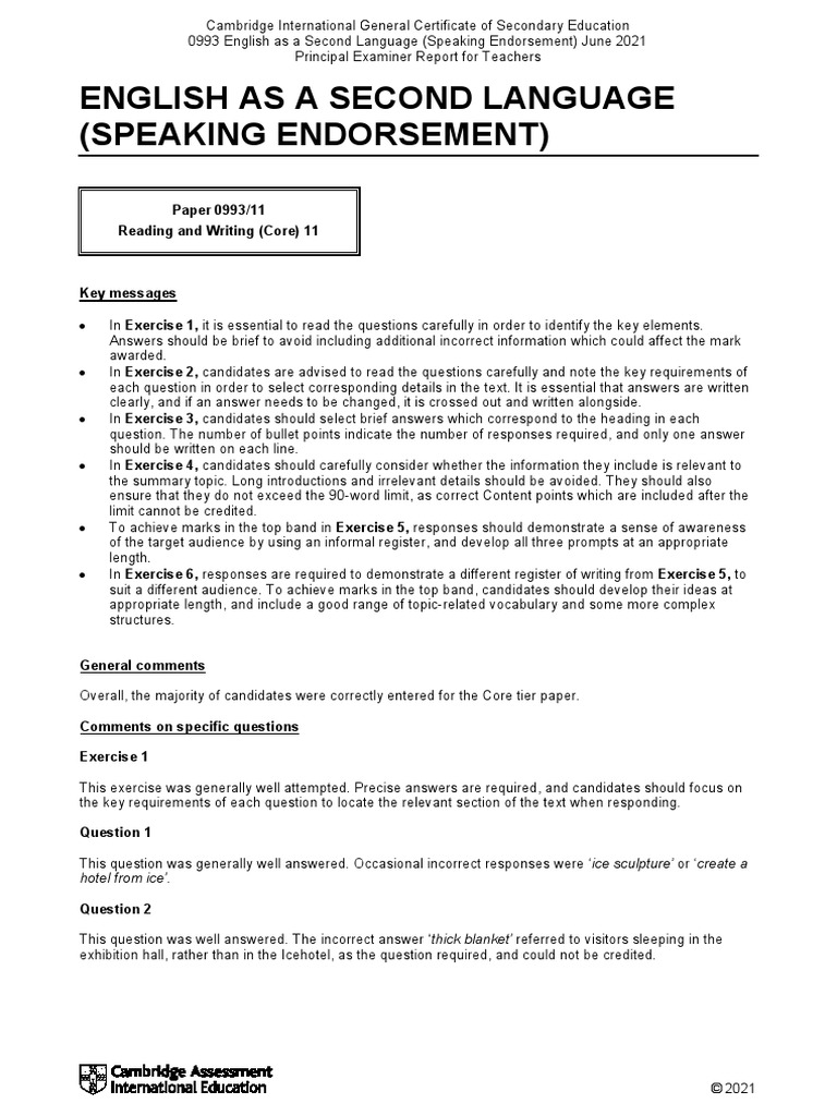 June 2021 Examiner Report | PDF | English As A Second Or Foreign Language | Question