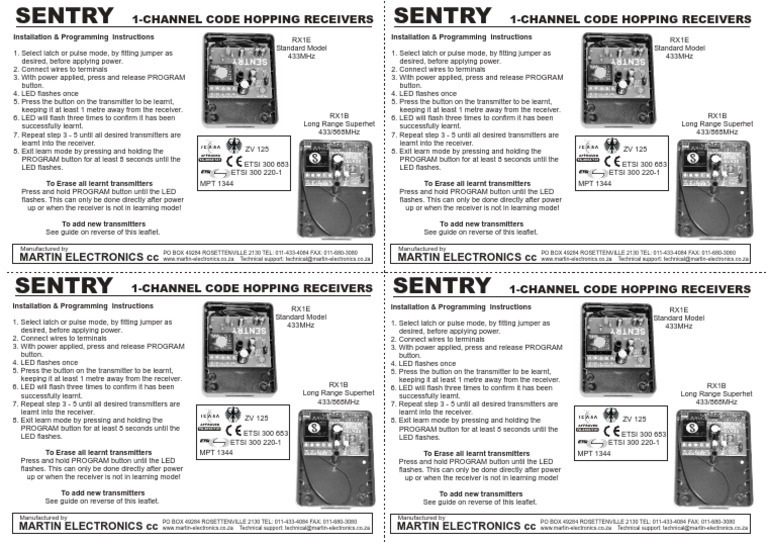 Sentry Manual Receiver 1ch - Codehopping-Min | PDF