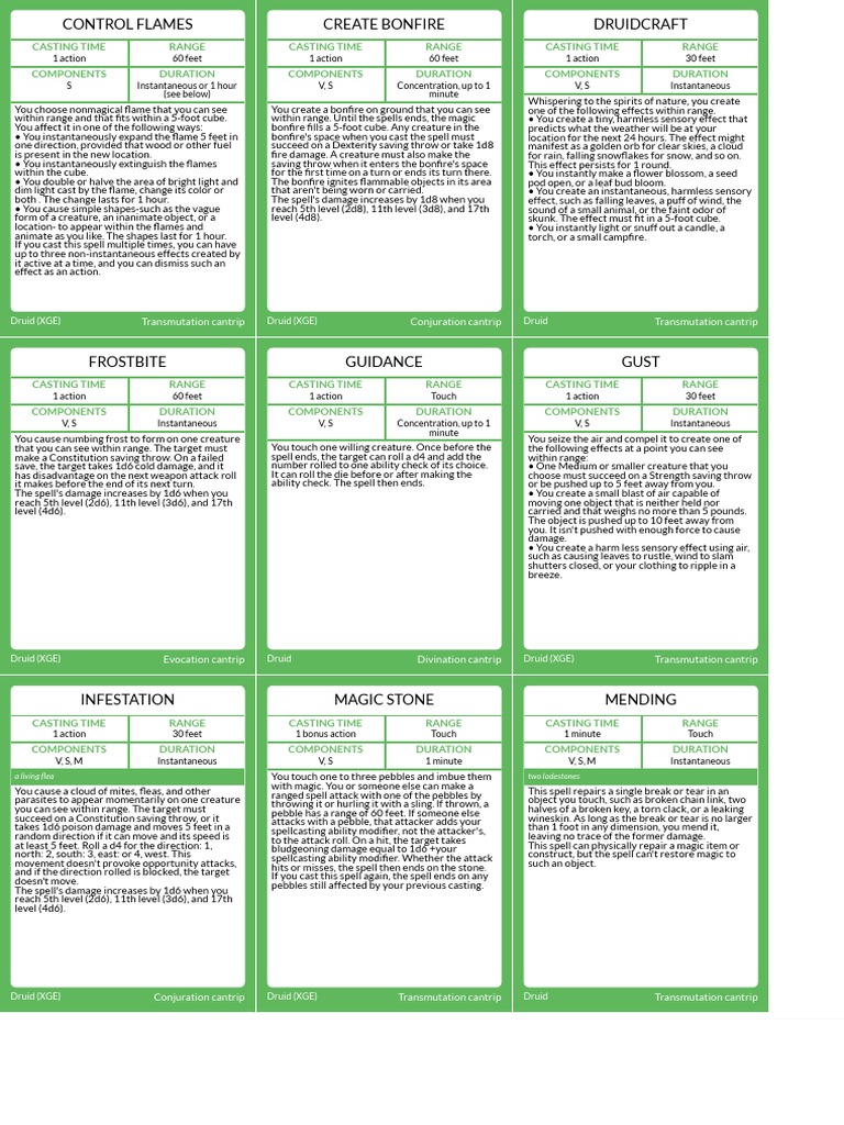 Druid Spell Cards Overview 5E | PDF