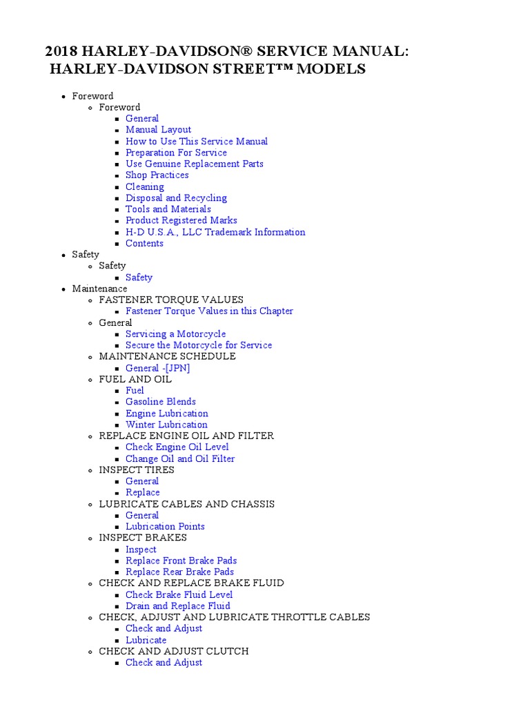 2018 Harley-Davidson® Service Manual: Harley-Davidson Street™ Models | PDF