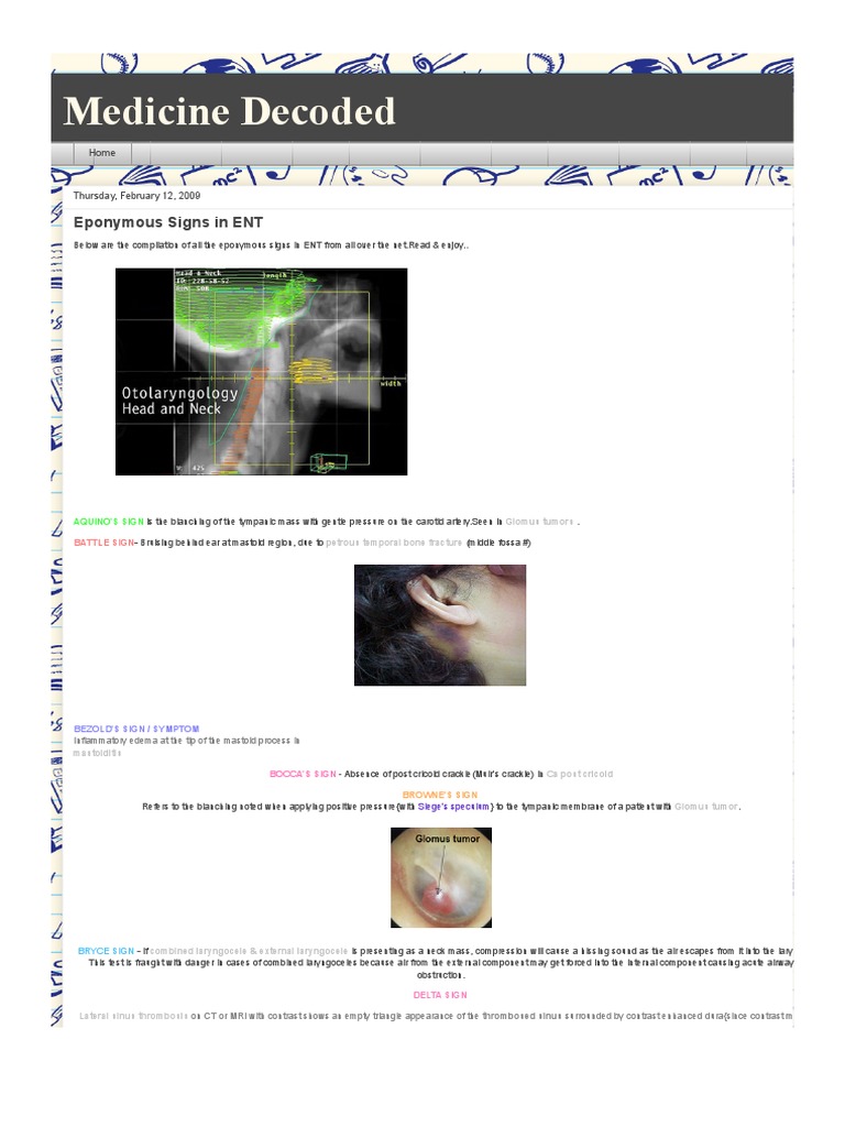 Medicine Decoded- Eponymous Signs in ENT | PDF | Dentistry | Orthodontics