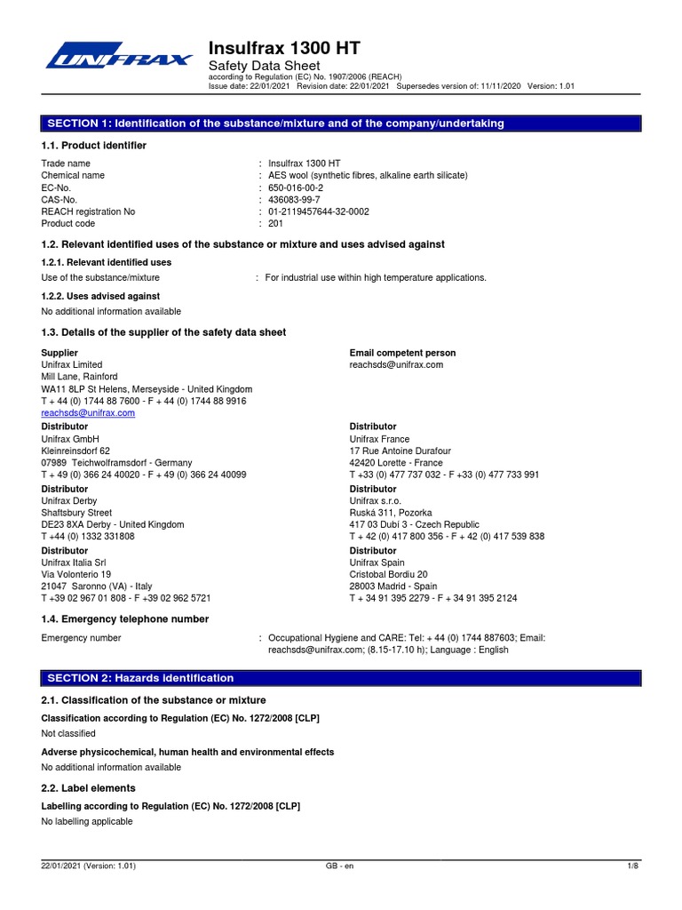Unifrax SDS Insulfrax 1300 HT V1.01 (GB-en) 210122 | PDF | Dangerous ...