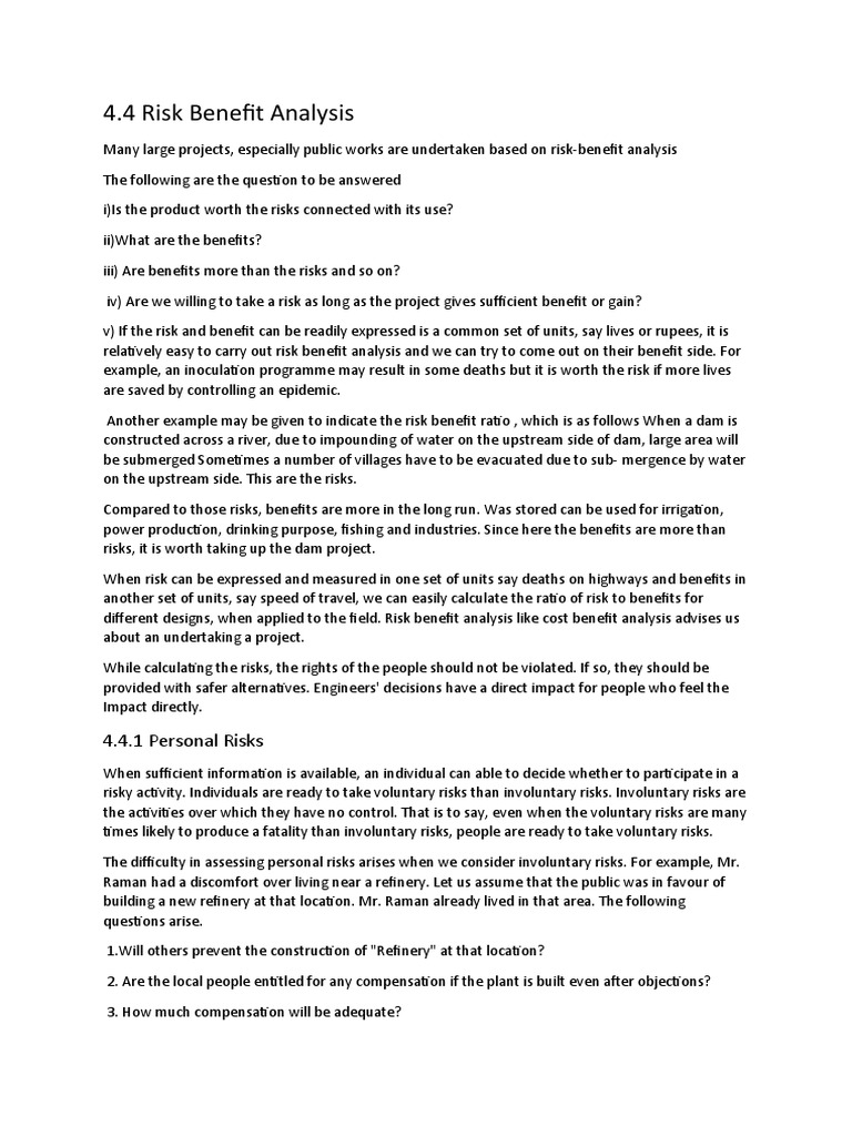 4.4 Risk Benefit Analysis: 4.4.1 Personal Risks | PDF | Risk | Safety