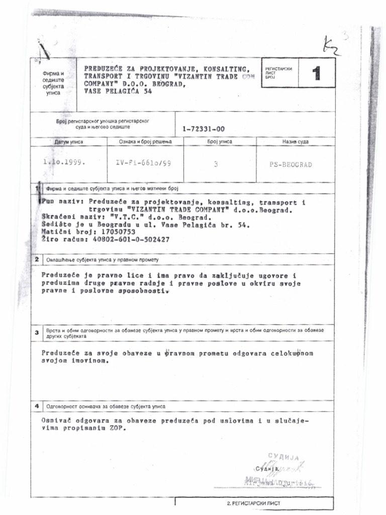 Preduzece ZA Projektovanje, Konsalting, Transport I Trgovinu "Vizantin Trade Compary" D.O.O ...