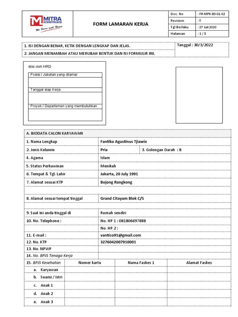 FR-MPK-B3-01-02 Form Lamaran Kerja | PDF