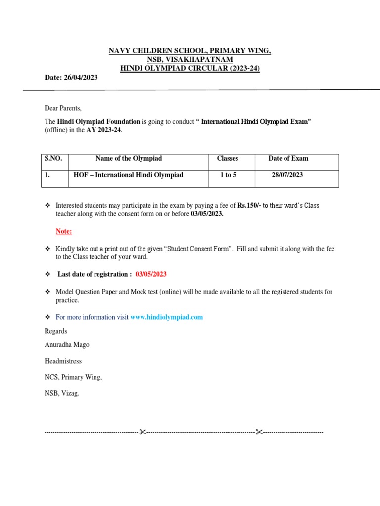 Navy Children School, Primary Wing, NSB, Visakhapatnam Hindi Olympiad Circular (2023-24) Date ...