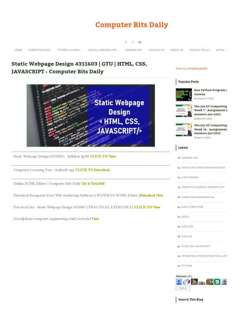 Static Webpage Design 4311603 - GTU - HTML, CSS, JAVASCRIPT - Computer Bits Daily | PDF | Mobile ...