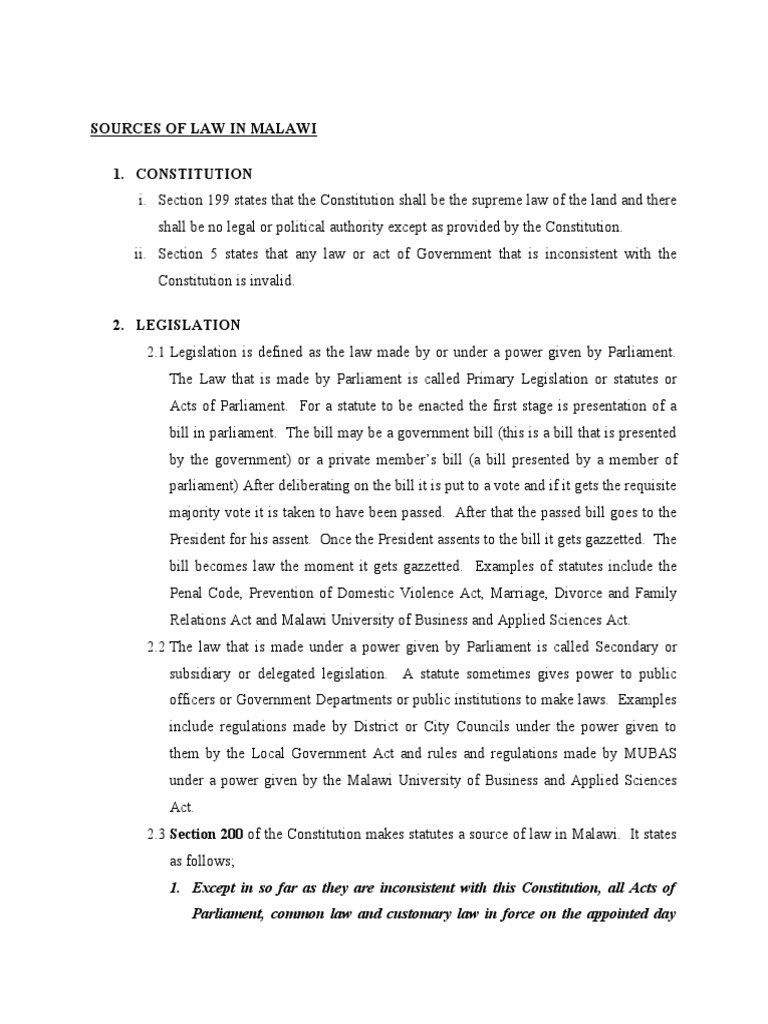 Sources of Law in Malawi 1. Constitution | PDF | Equity (Law) | Bill (Law)