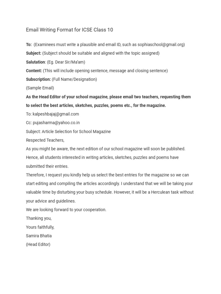 Email Writing Format For ICSE Class 10 Ic498476 PDF