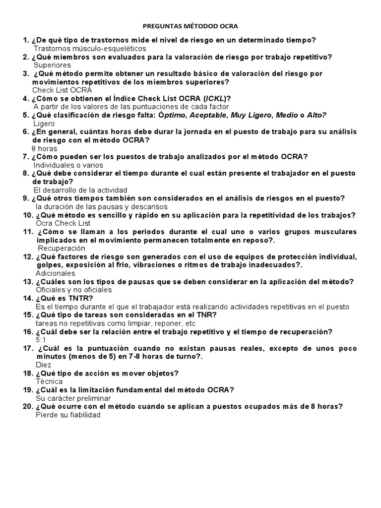 PREGUNTAS MÉTODOD OCRA Check List | PDF