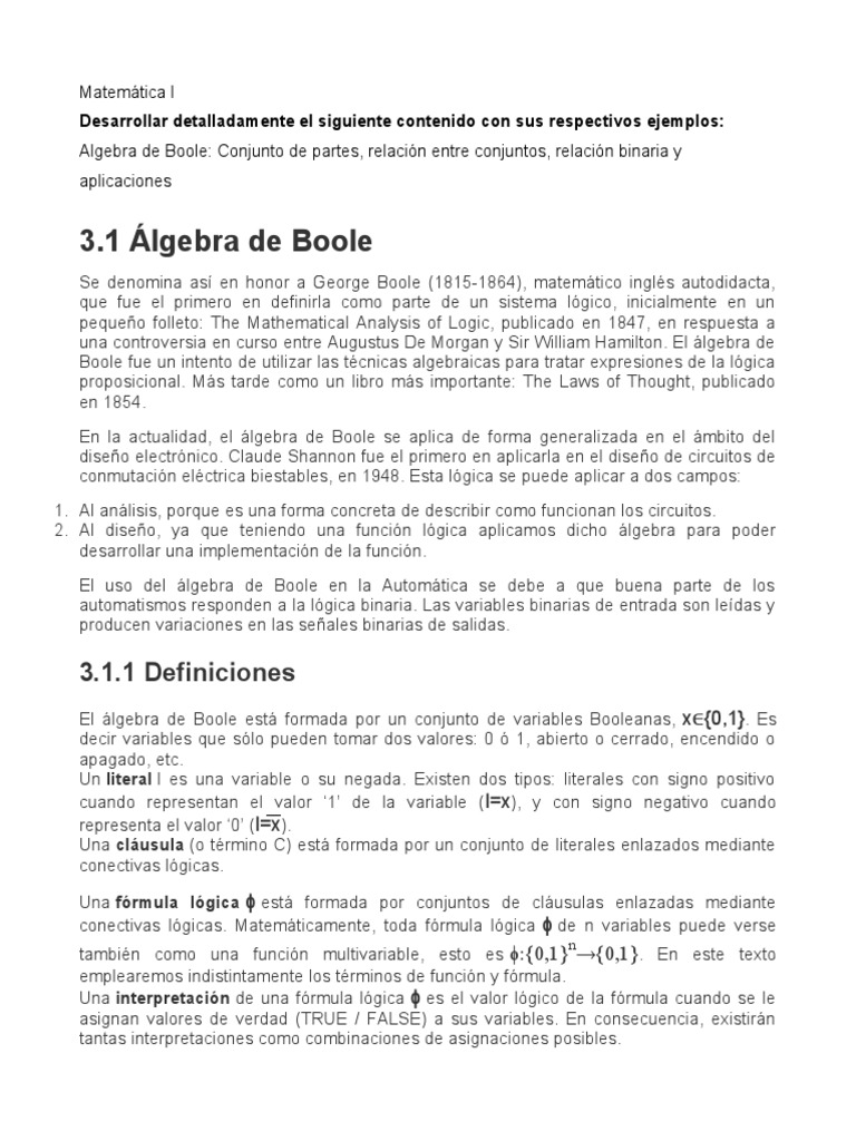 Álgebra de Boole: Definiciones y Operaciones | PDF | Álgebra de Boole ...