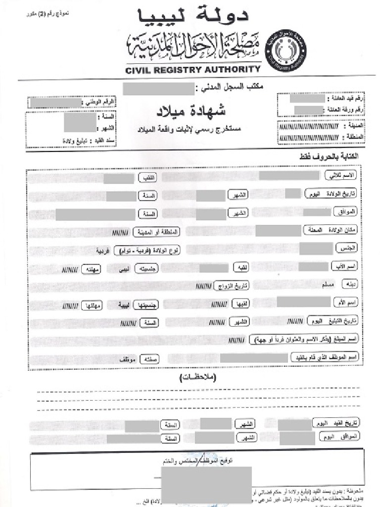 Libyan Birth Certificate Example | PDF