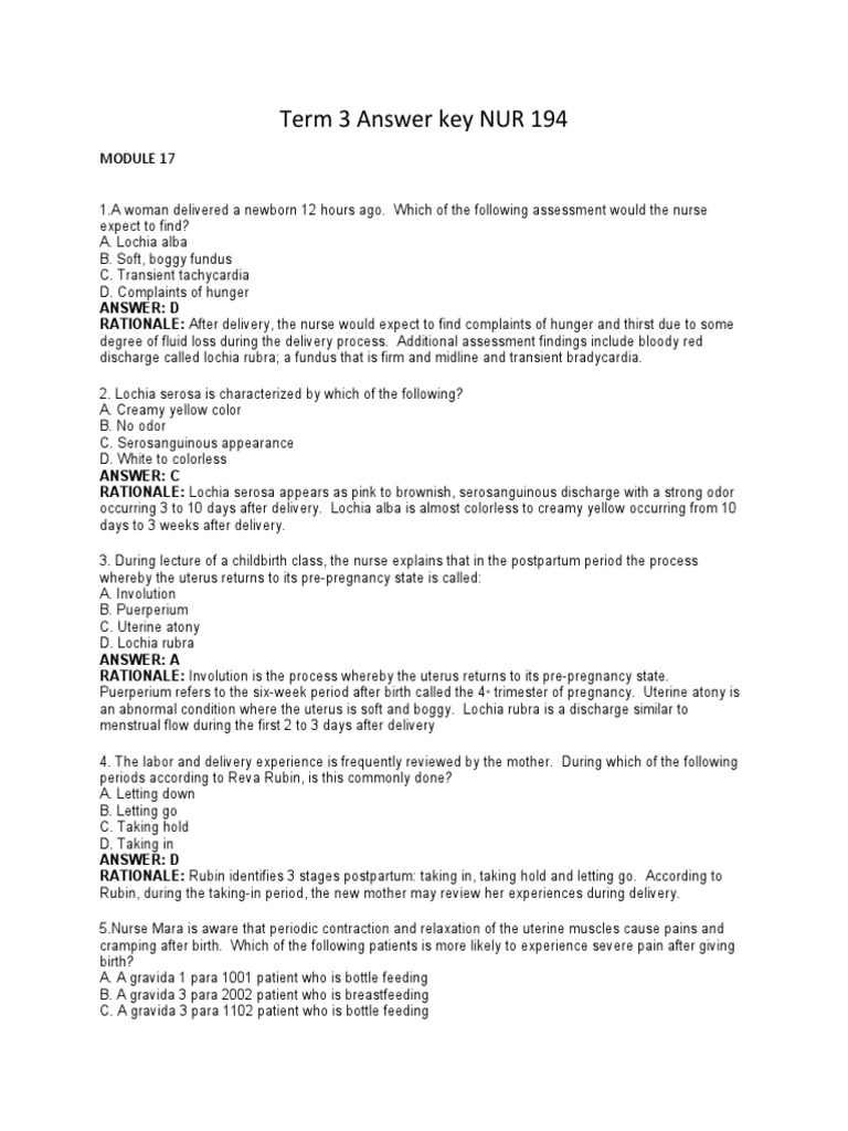 Answer Key NUR 194 Compiled | PDF | Fetus | Medical Specialties
