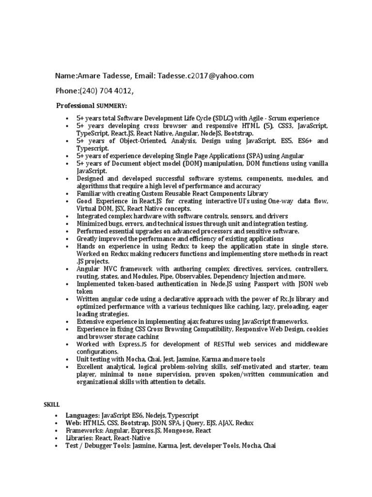 Amare Full Stack Resume | Download Free PDF | Representational State Transfer | Java Script