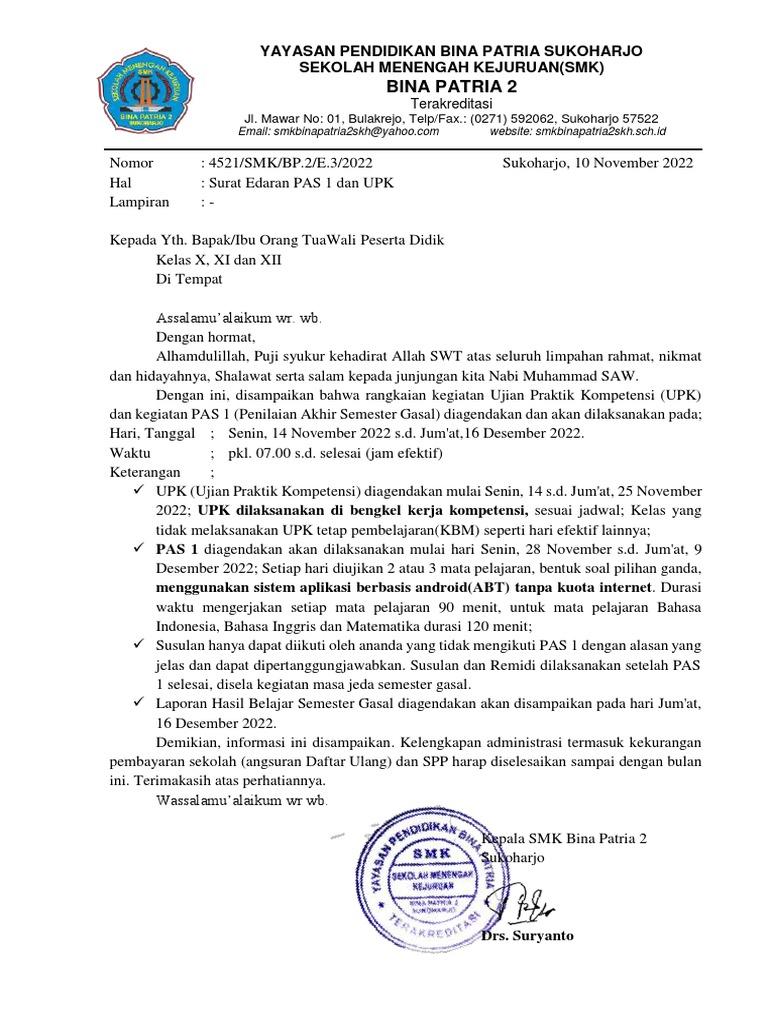 PAS1 UPK - Surat Edaran Orang Tua | PDF