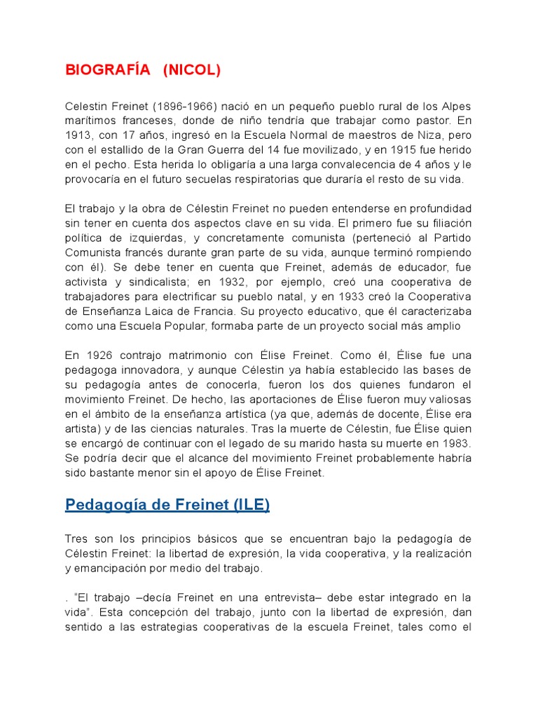 Biografía de Célestin Freinet | PDF | Aprendizaje | Enseñando