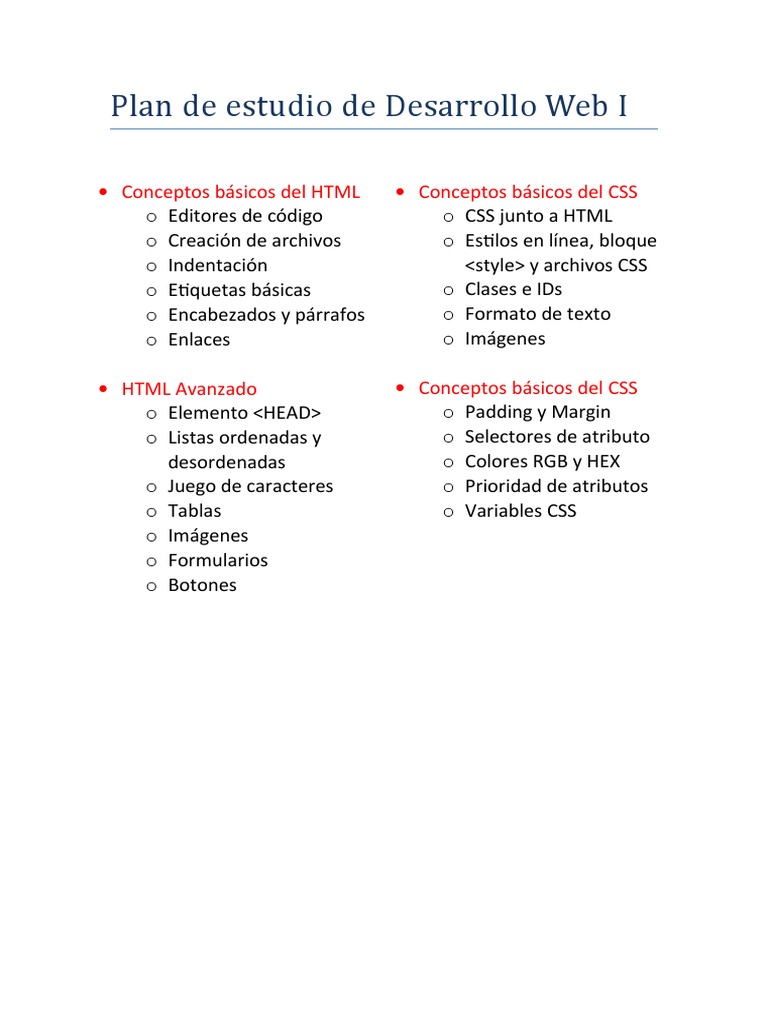 Plan de Estudio de Desarrollo Web I: Conceptos Básicos Del HTML Conceptos Básicos Del CSS | PDF