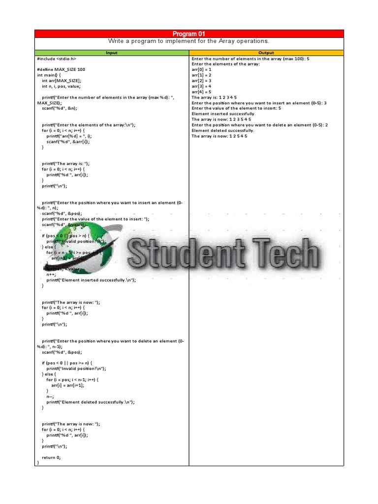 Program 01: Write A Program To Implement For The Array Operations | PDF | Computer Programming ...