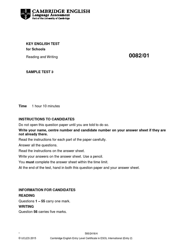 Cambridge English Key For Schools Sample Paper 3 Reading and Writing v2 ...