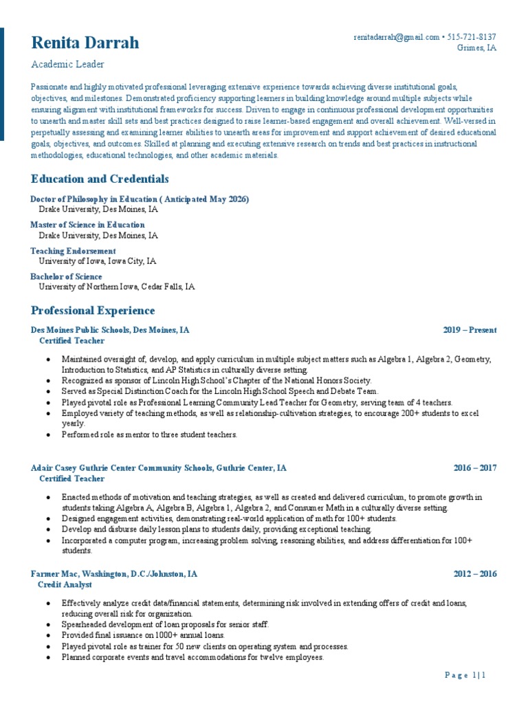Renita Darrah Resume | Download Free PDF | Teachers | Mentorship