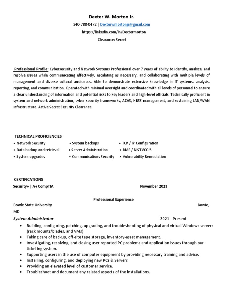 Dexter W Morton Resume | PDF | Computer Network | Desktop Computer