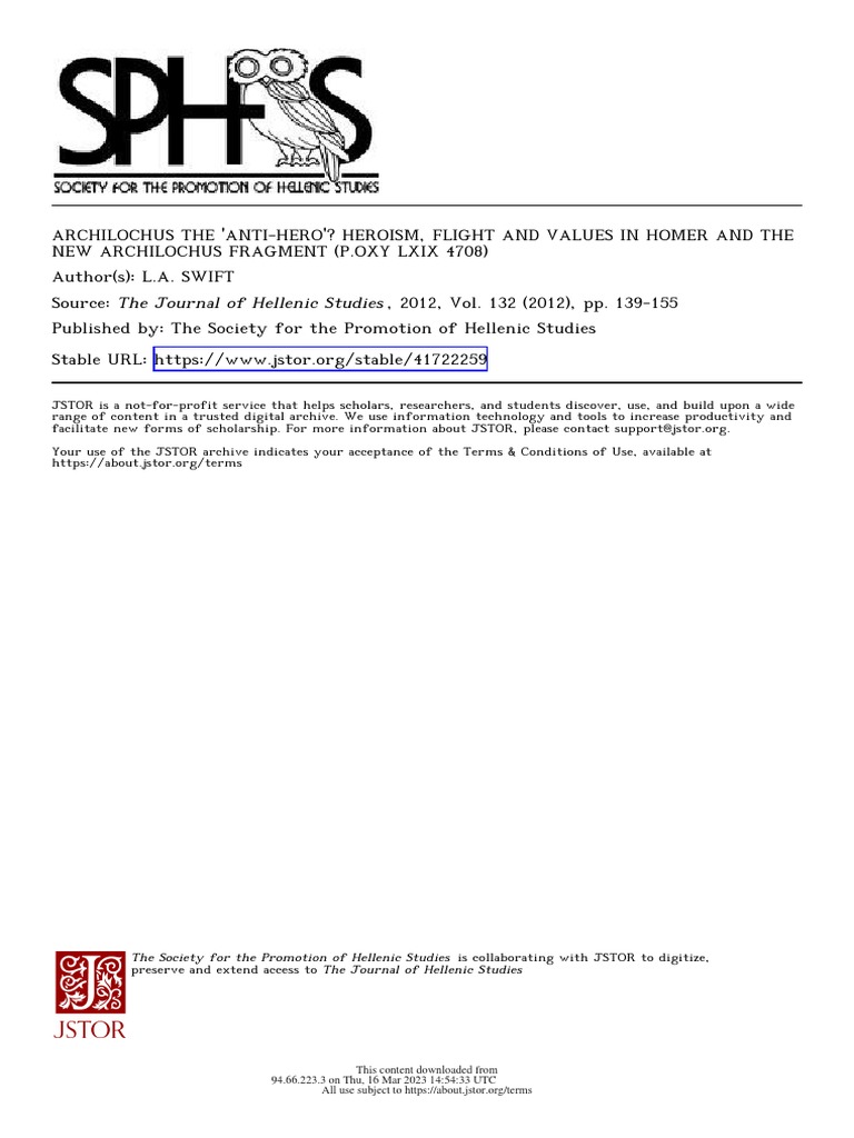 L.A. Swift, Archilochus The 'Anti-Hero Heroism, Flight and Values in ...