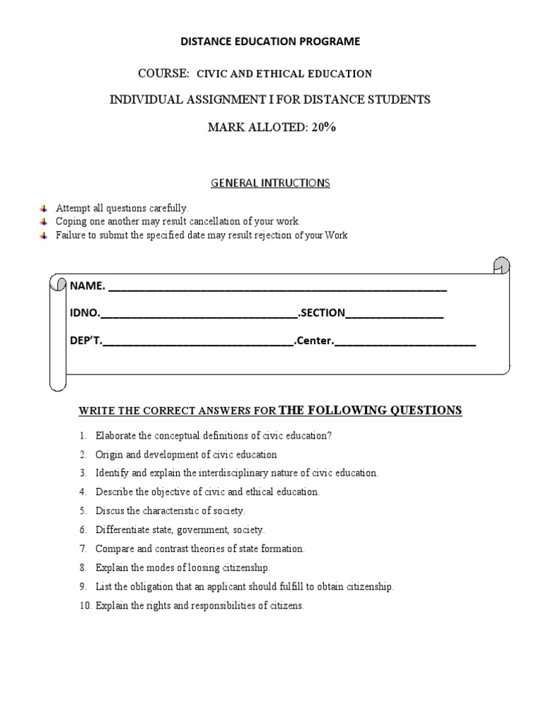 Distance Assignment For Civics and Ethics | PDF