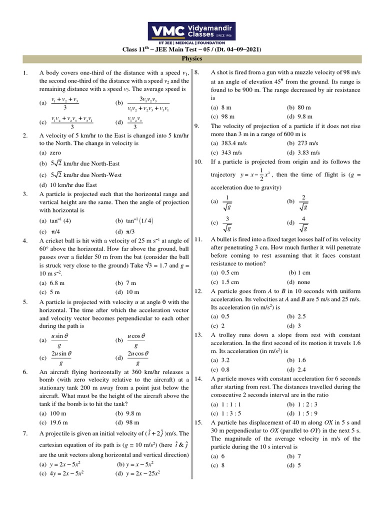 V V V VV VV VV VV VV VV VVV: Class 11 - JEE Main Test - 05 / (Dt. 04-09 ...