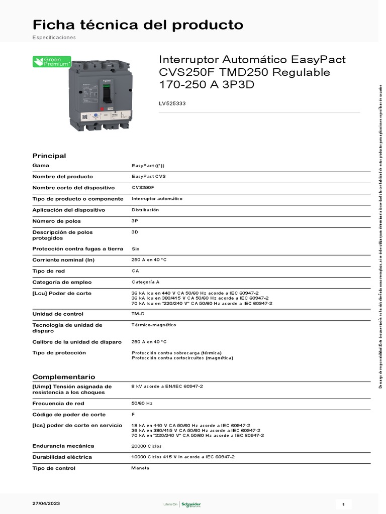 Ficha Técnica Del Producto: Interruptor Automático Easypact Cvs250F ...