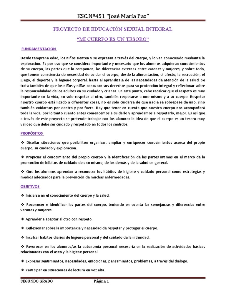 PROYECTO DE EDUCACIÓN SEXUAL INTEGRAL | PDF | Higiene | Aprendizaje