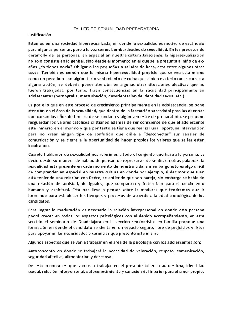 Taller De Sexualidad Preparatoria Pdf Sexualidad Autoestima