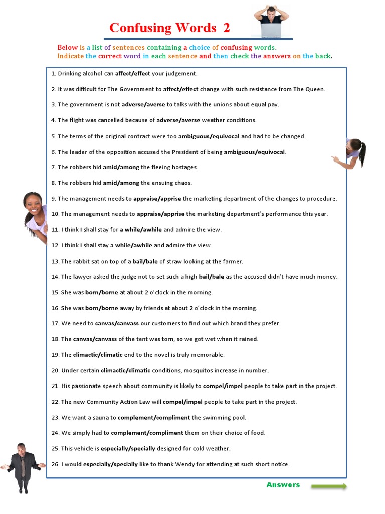 Confusing Words 2 Grammar Guides Reading Comprehension Exercises Sen ...