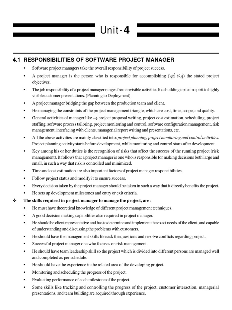 Unit-4: .1 Responsibilities of Software Project Manager | PDF | Software Engineering | Systems ...
