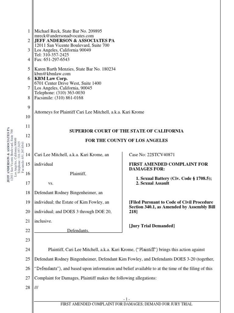Kari Krome - Kim Fowley/Rodney Bingenheimer Lawsuit | PDF | Damages ...