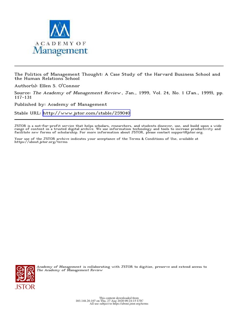 The Politics of Management Thought A Case Study of The Harvard Business ...