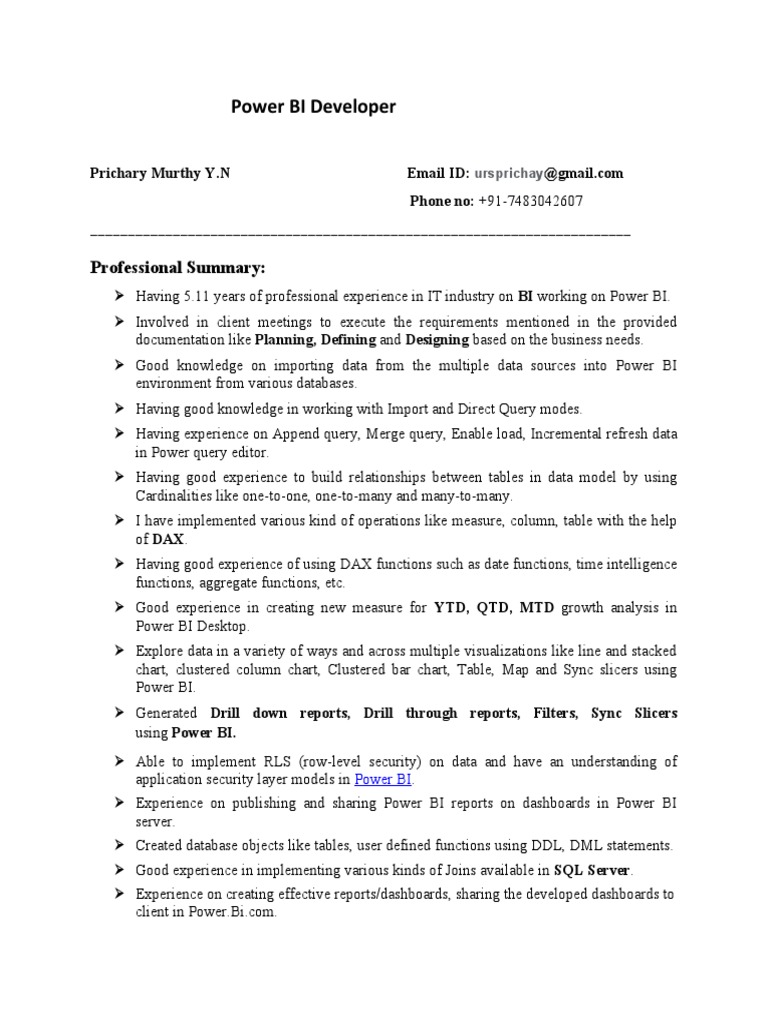 Prichay 5+ Power BI Resume | PDF | Microsoft Sql Server | Databases