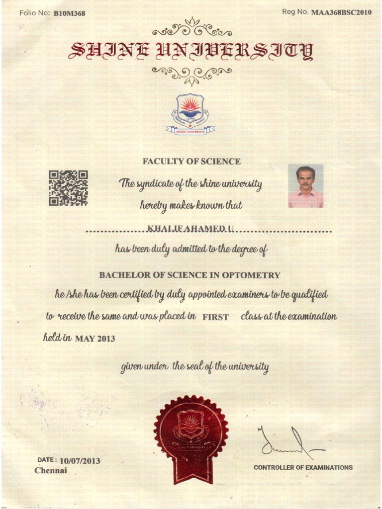 Khalif Ahamed BSC Optom Degree Certificate | PDF