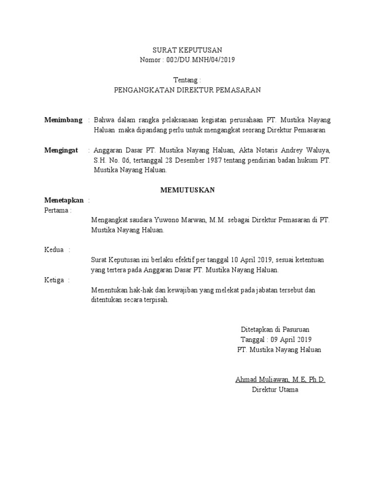 Contoh Surat Keputusan Resmi Pengangkatan Direktur | PDF