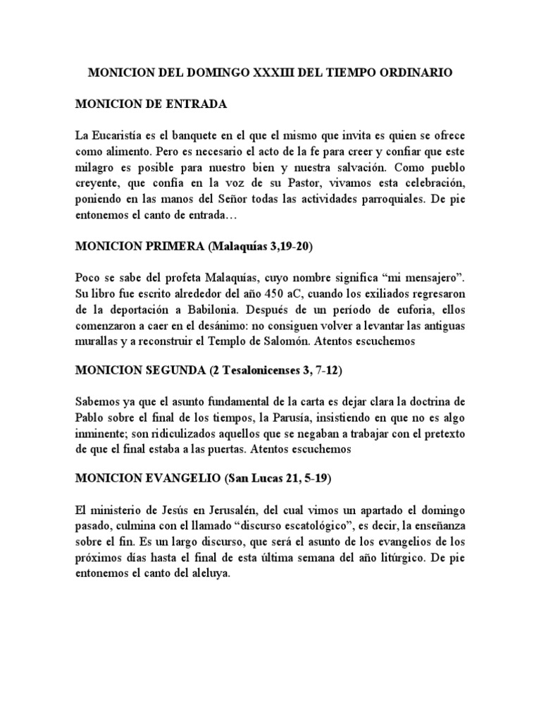 Monicion Del Domingo Xxxiii Del Tiempo Ordinario Monicion de Entrada | PDF | Misa (liturgia ...